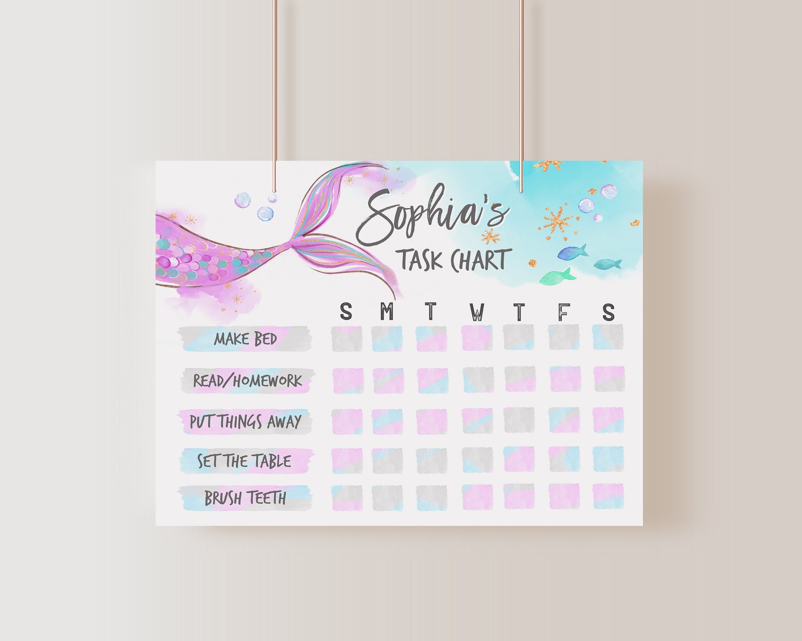 Kid's Chore Chart, Mermaid Chore Chart, Kid's Reward Chart ...