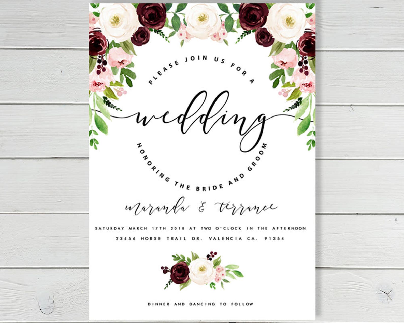 Marsala Wedding Invitation, Instant Download, Burgundy Wedding ...