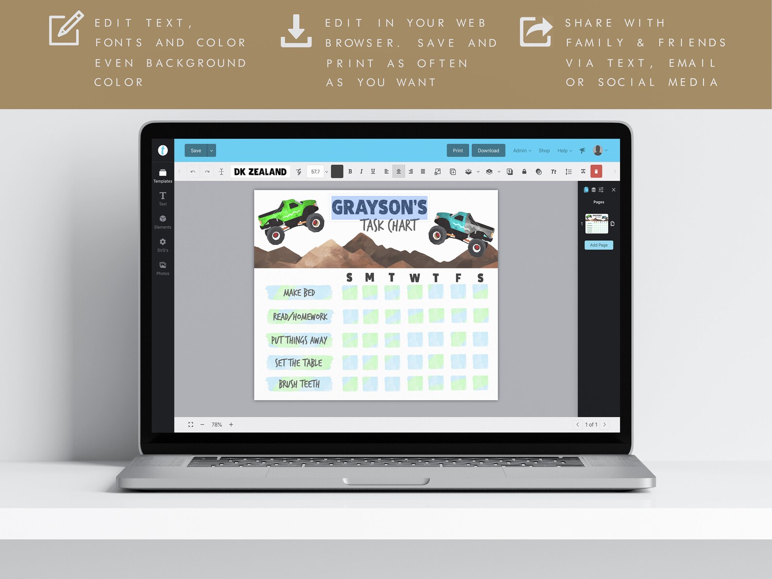 Kid's Chore Chart, Monster Truck Chore Chart, Kid's Reward Chart ...