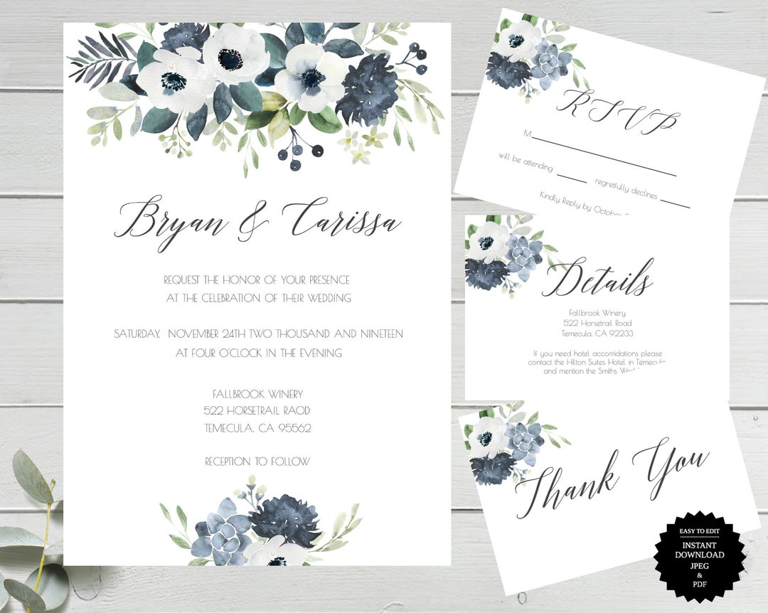 Blue Floral Invitation Templates Blue Floral Wedding Invitation Blue ...