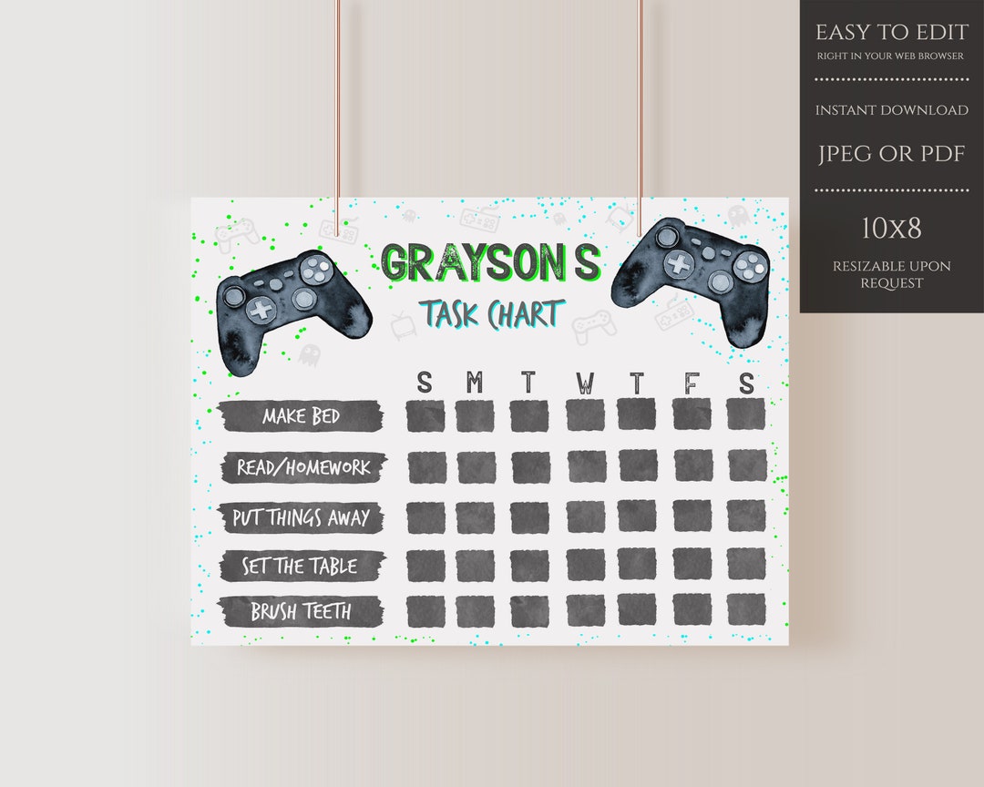 Kid's Chore Chart, Video Game Chore Chart, Kid's Reward Chart ...