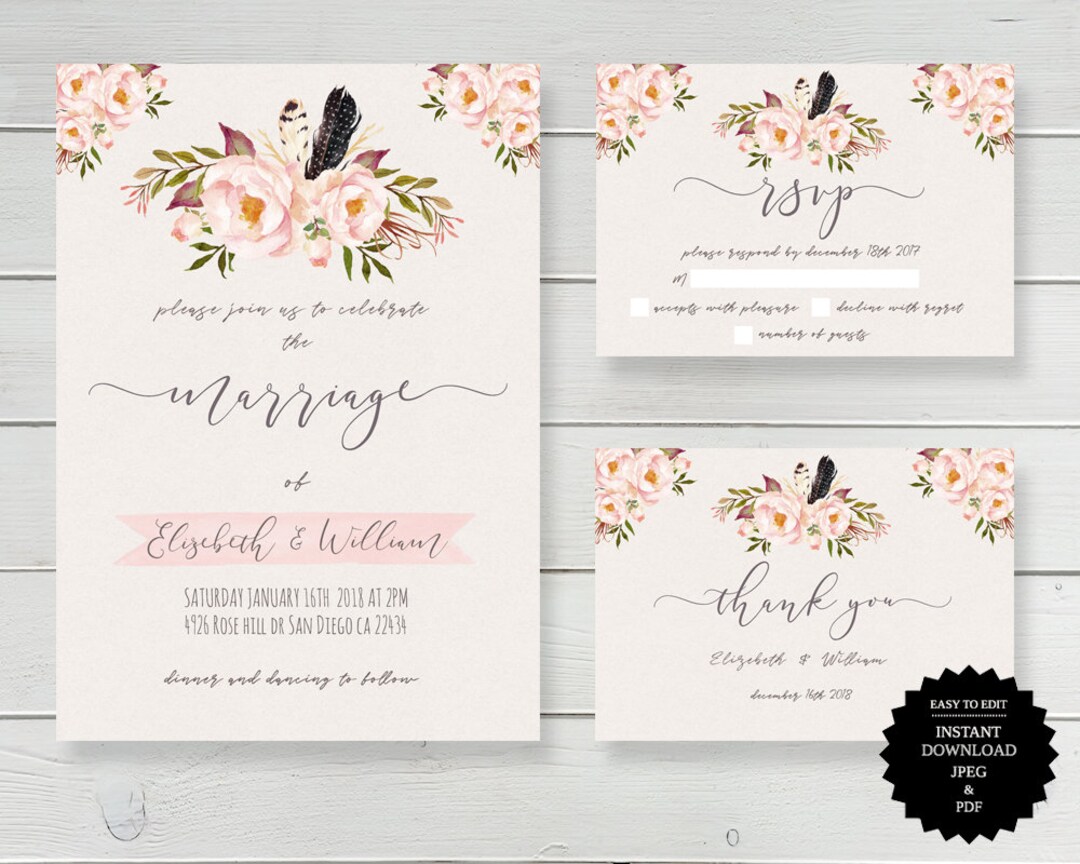 Rustic Spring Wedding Invitation, Pink Floral Wedding Invitation, Boho ...