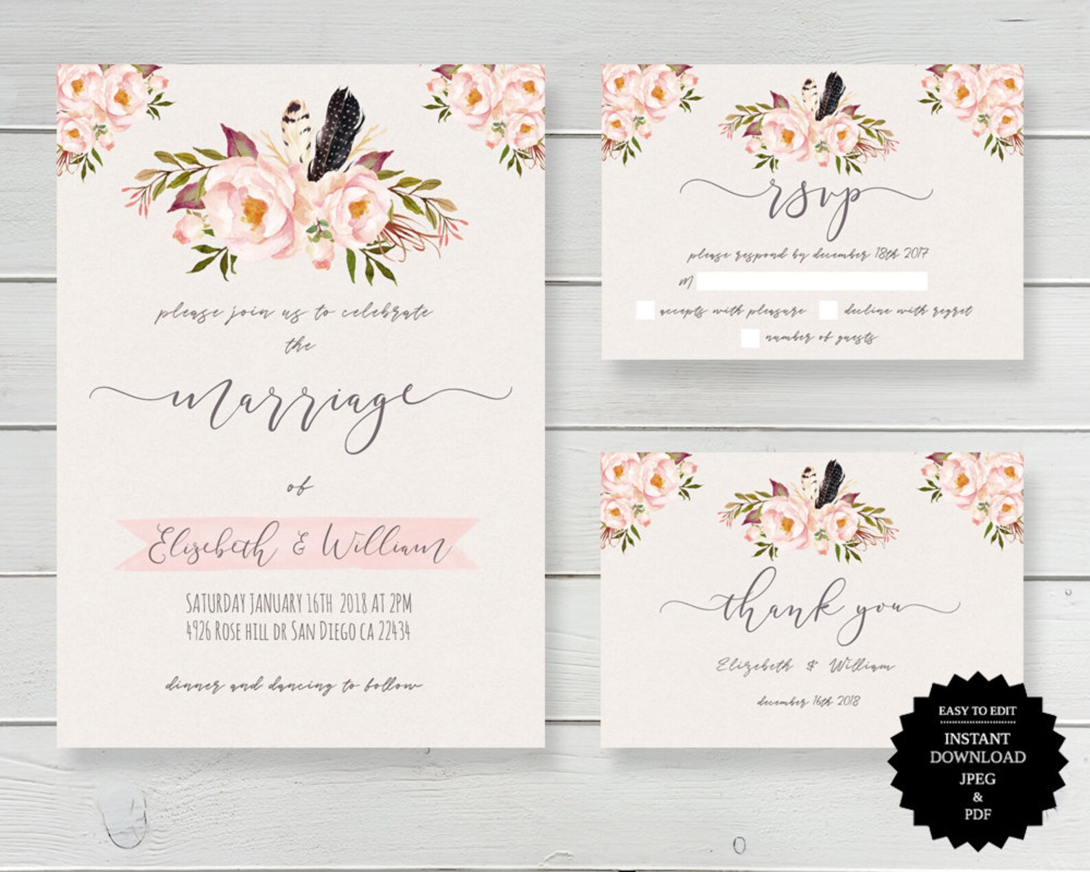 Rustic Spring Wedding Invitation, Pink Floral Wedding Invitation, Boho ...