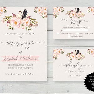 Rustic Spring Wedding Invitation, Pink Floral Wedding Invitation, Boho ...