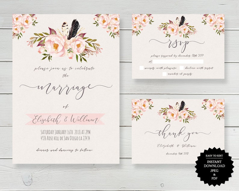 Rustic Spring Wedding Invitation, Pink Floral Wedding Invitation, Boho ...
