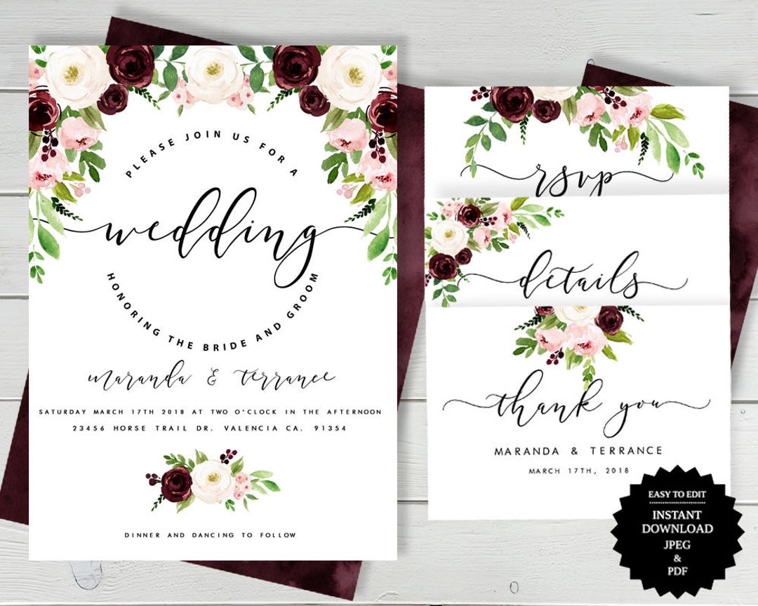 Marsala Wedding Invitation, Instant Download, Burgundy Wedding ...