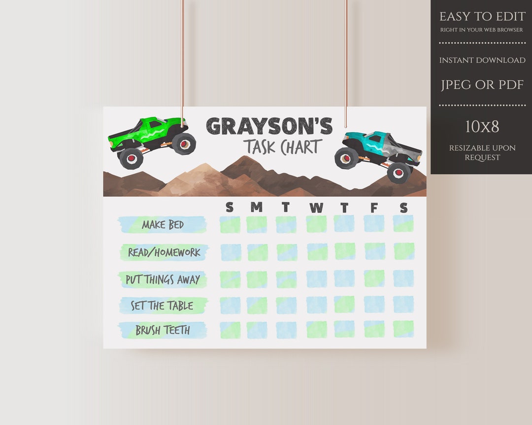 Kid's Chore Chart, Monster Truck Chore Chart, Kid's Reward Chart ...