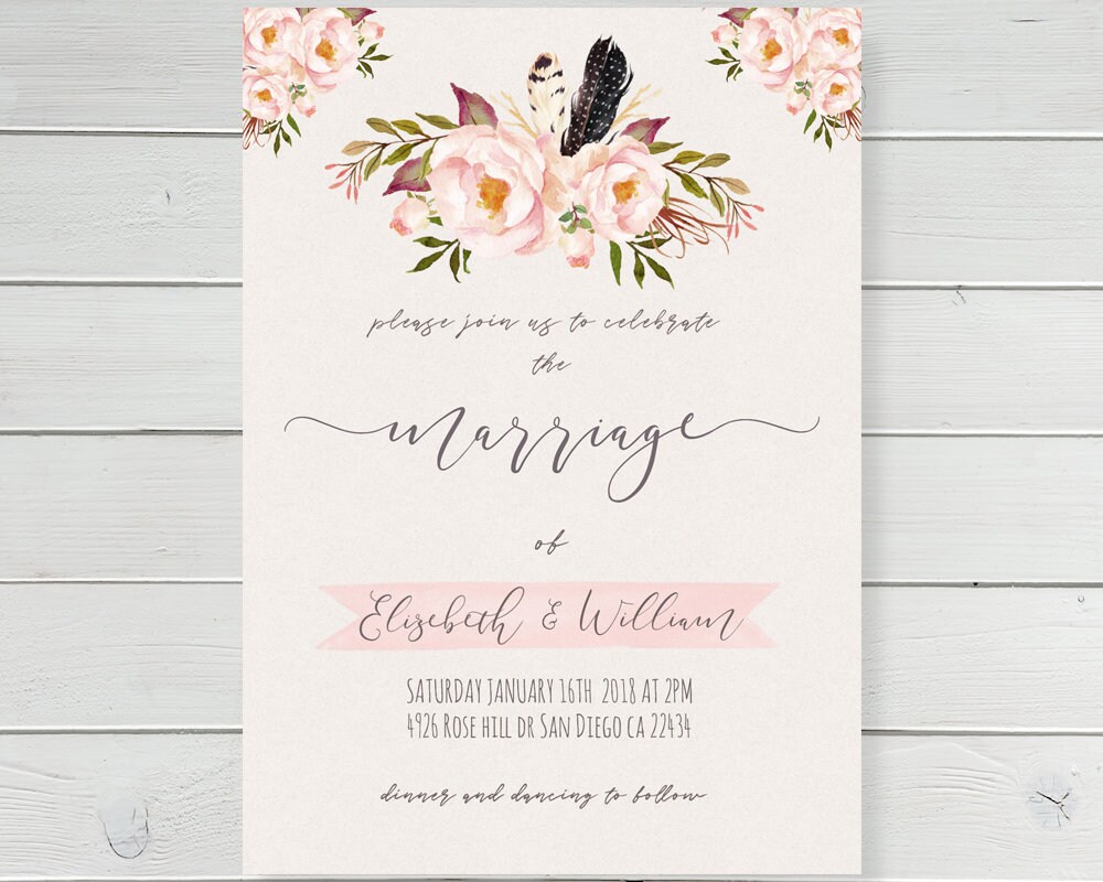 Rustic Spring Wedding invitation Pink Floral Wedding | Etsy