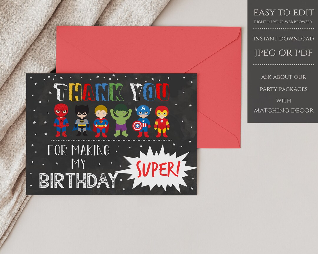 Superhero Birthday Thank You Card, Superhero Thank You Card, Instant ...