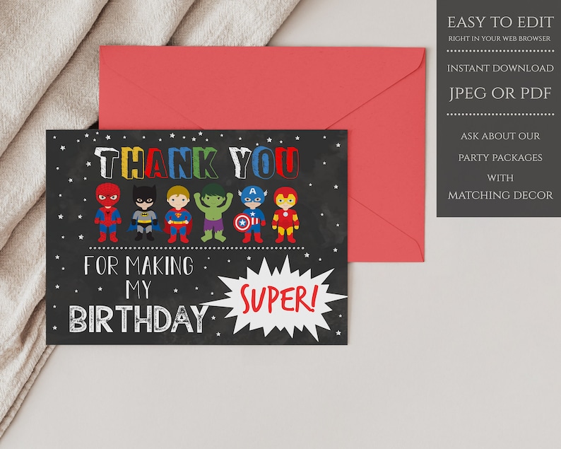 Superhero Birthday Thank You Card Superhero Thank You Card - Etsy