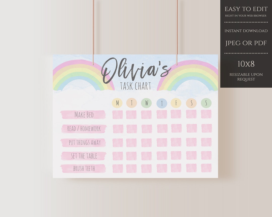 Kid's Chore Chart, Rainbow Chore Chart, Kid's Reward Chart ...