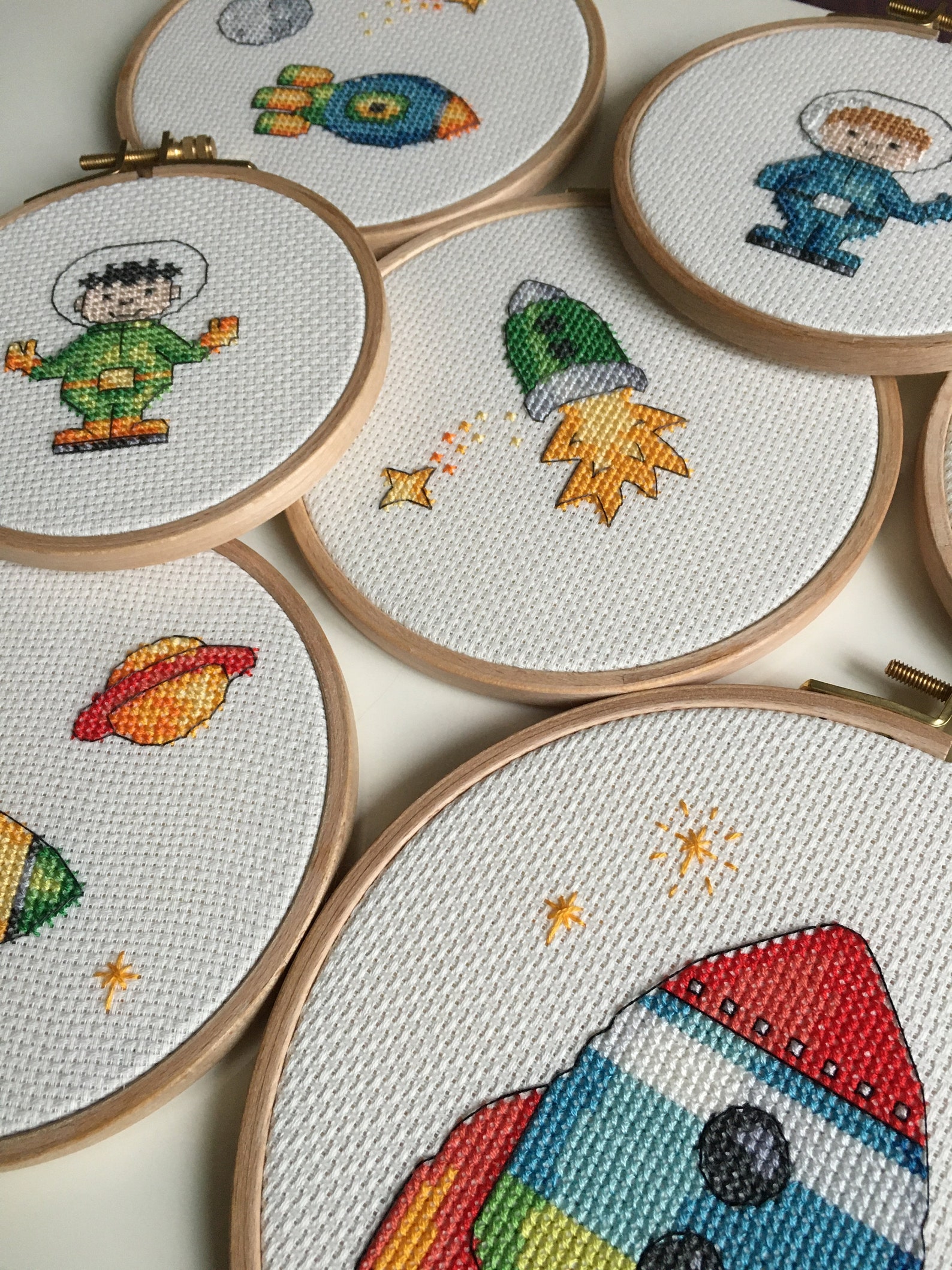 Set of 6 Space Cross Stitch Hoop Art. Planet Cross Stich. Astronaut ...