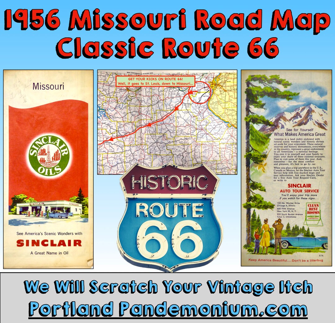 1956 Missouri Road Map,route 66 Pre-interstate Freeways, Sinclair Oil's ...