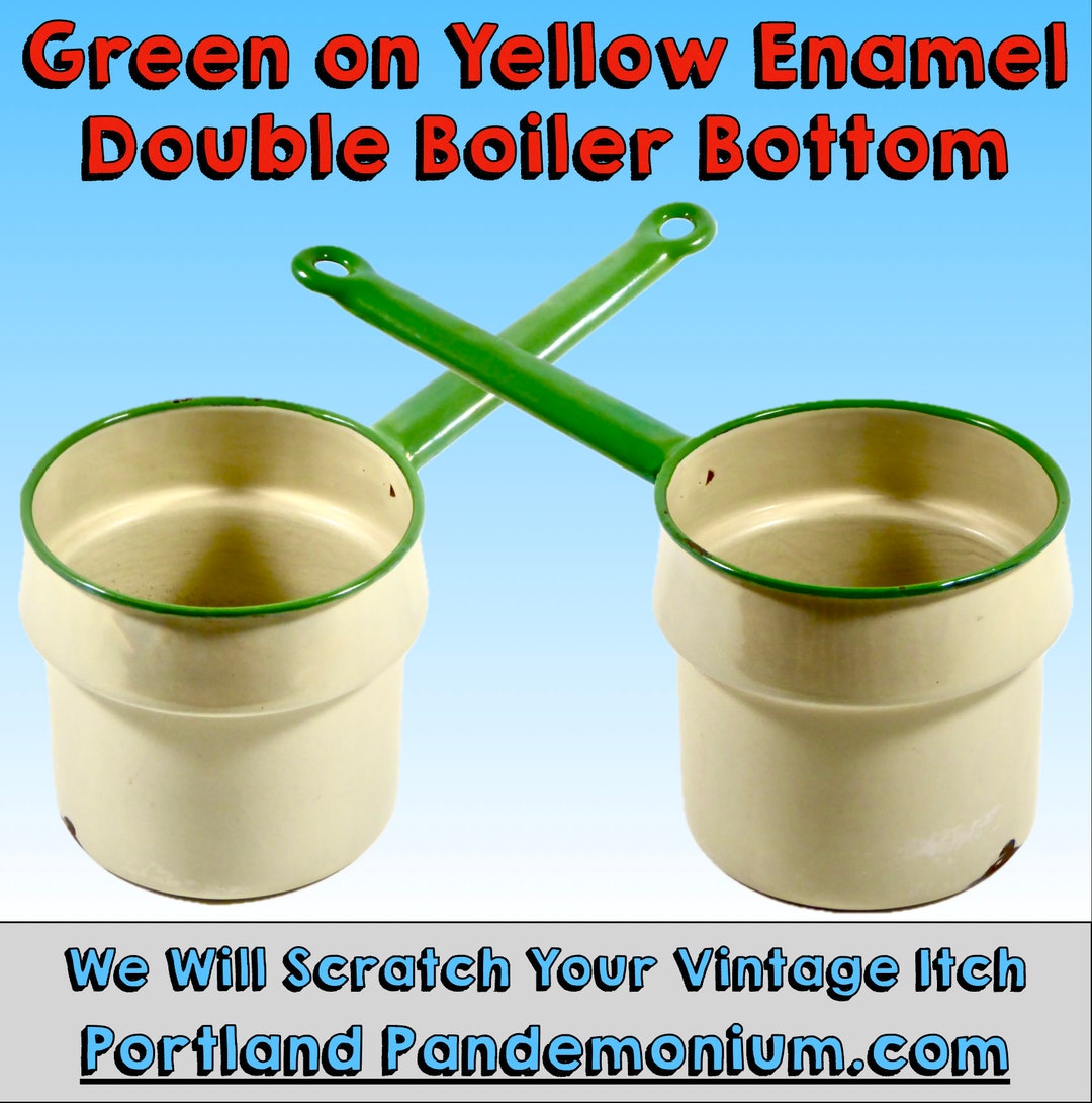 Enamelware Double Boiler Bottom, Yellow With Green Trim, Long Handle ...