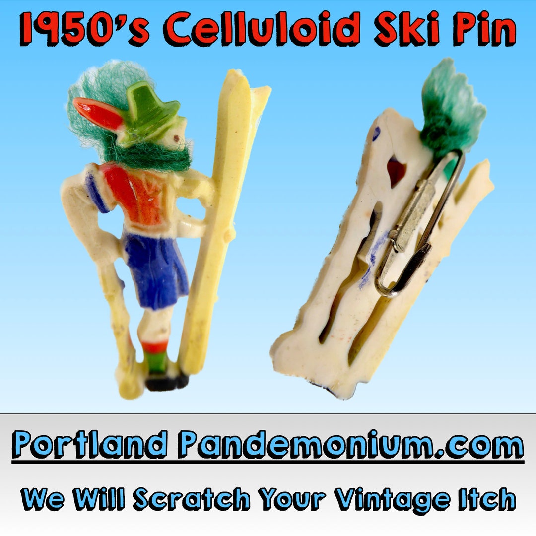 German Swiss Alpine Ski Pin, Vintage Hand Painted Celluloid Figure ...