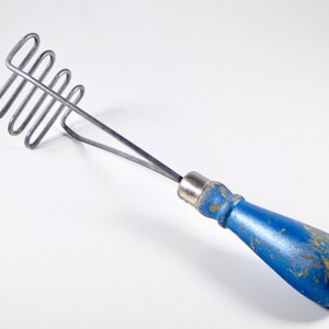 Vintage Potato Masher, Metallic Blue Wooden Handle, Medium Size, Patina ...