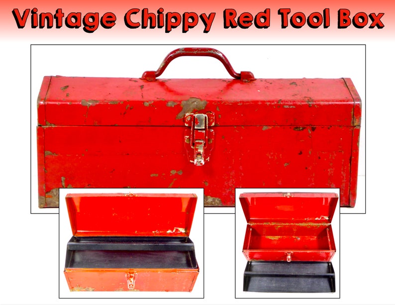 Vintage Steel Tool Box Chippy Red Paint With Black Tray - Etsy
