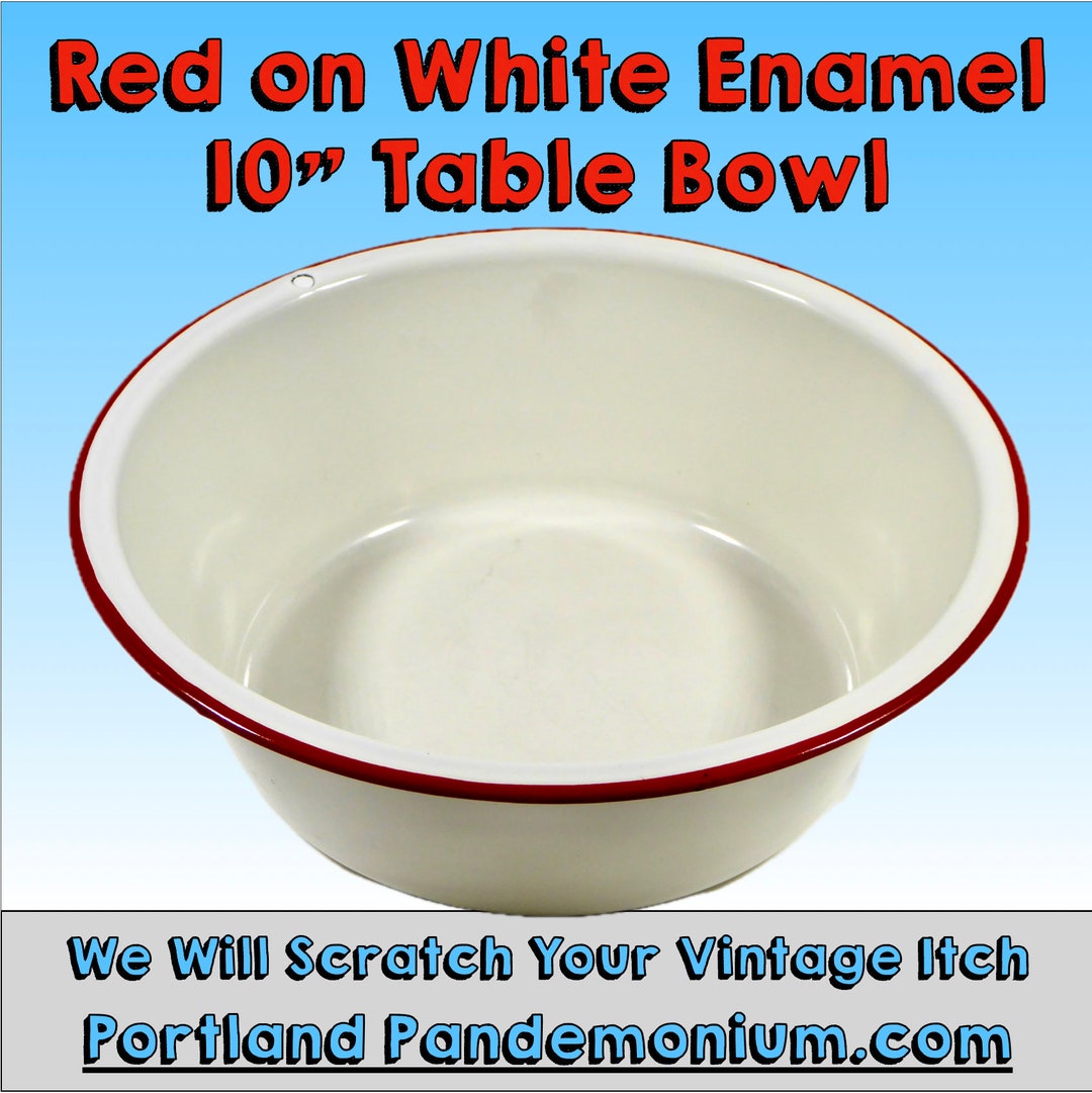Enamelware 10 Round Utility Bowl, Red Trim on White, Country Kitchen ...