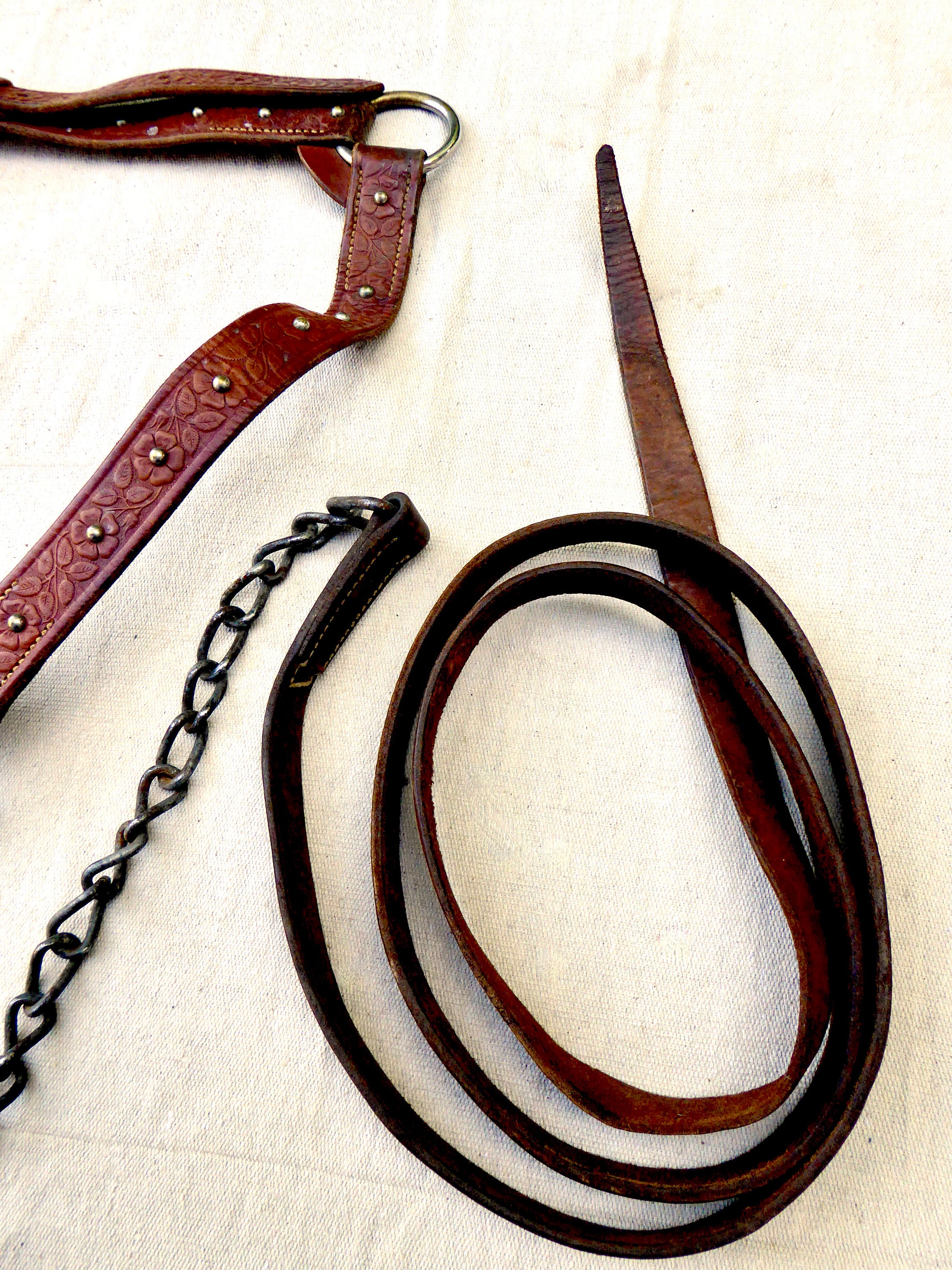 Vintage Cow Lead or Harness: Tooled Leather Adjustable Nickel | Etsy