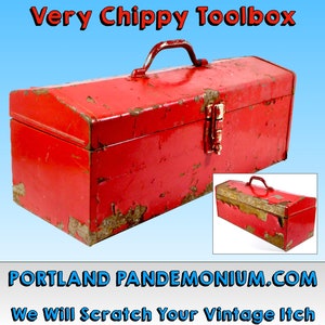 Vintage Steel Tool Box, Chippy Red Paint With Black Tray Insert, Peaked ...