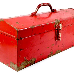 Vintage Steel Tool Box, Chippy Red Paint With Black Tray Insert, Peaked ...