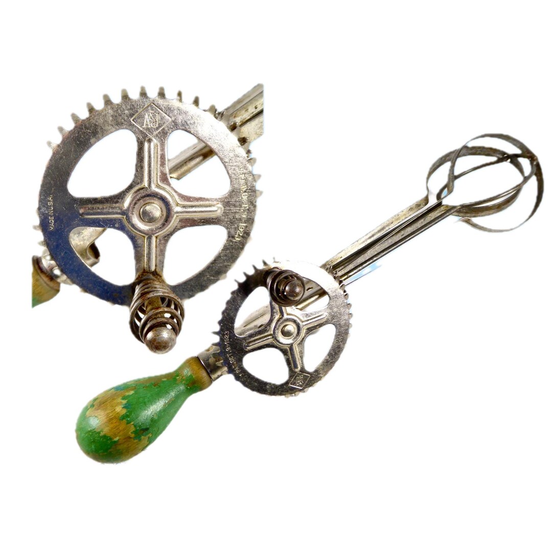 Vintage A&J Early 20th Century Egg Beater, Green Wooden Handle, Single ...