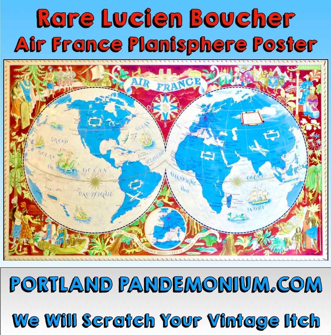 Vintage Air France Planisphere Poster by Lucien Boucher, Rare Original ...