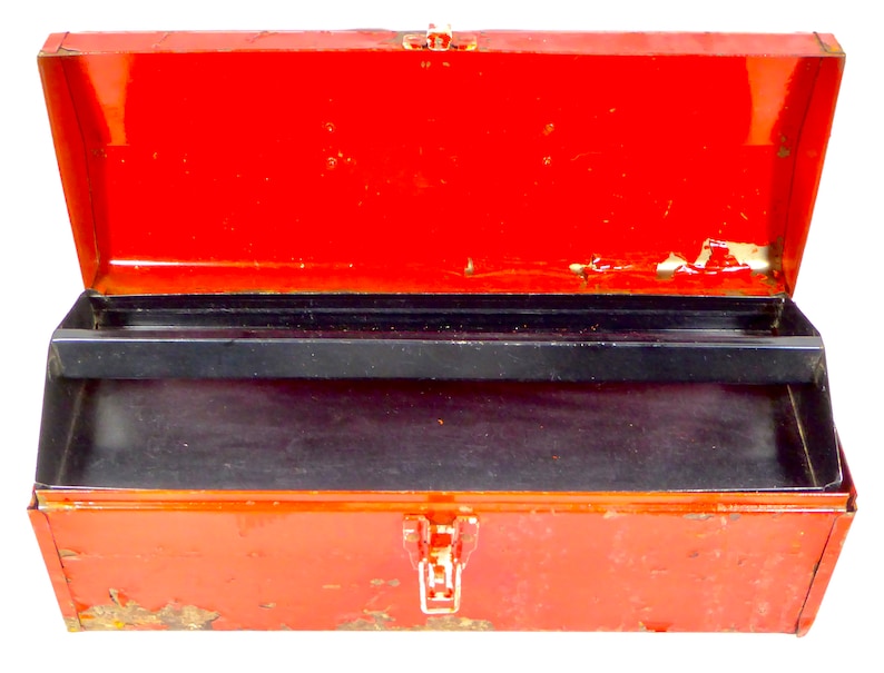 Vintage Steel Tool Box Chippy Red Paint With Black Tray - Etsy