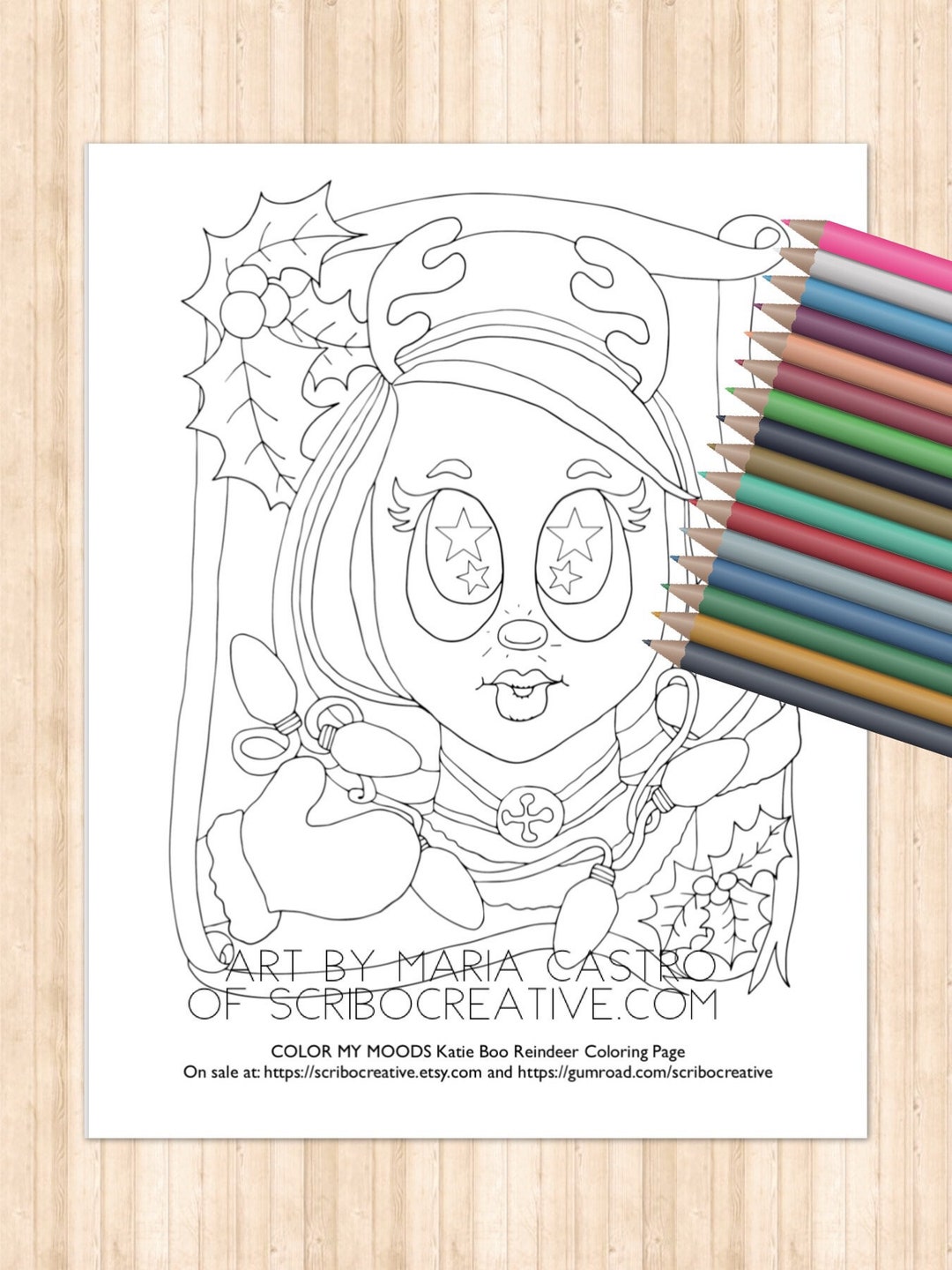 Katie Boo Cute Reindeer Coloring Page Whimsical Coloring - Etsy