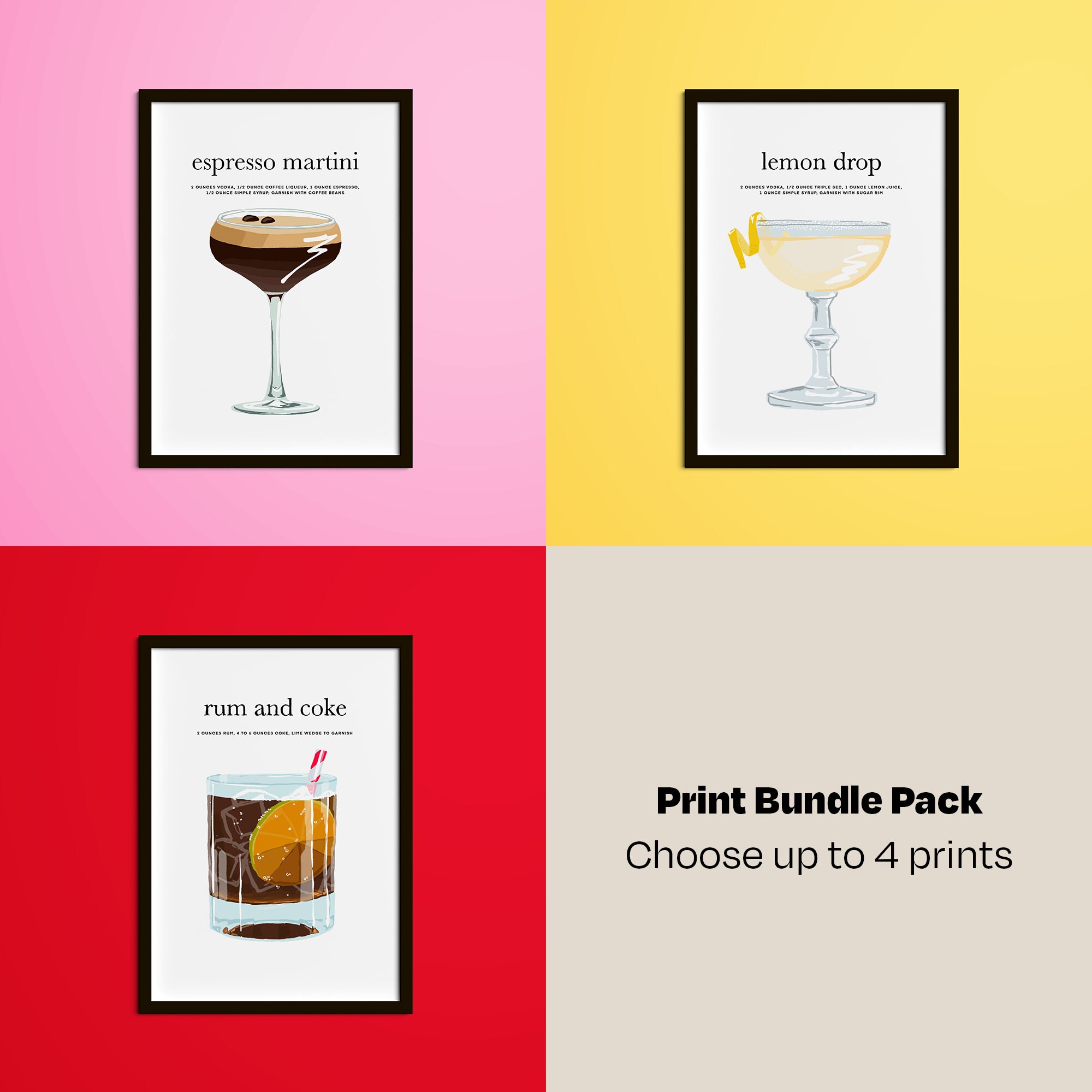 Cocktail Art Print Bundle Martini Old Fashioned Gin and - Etsy