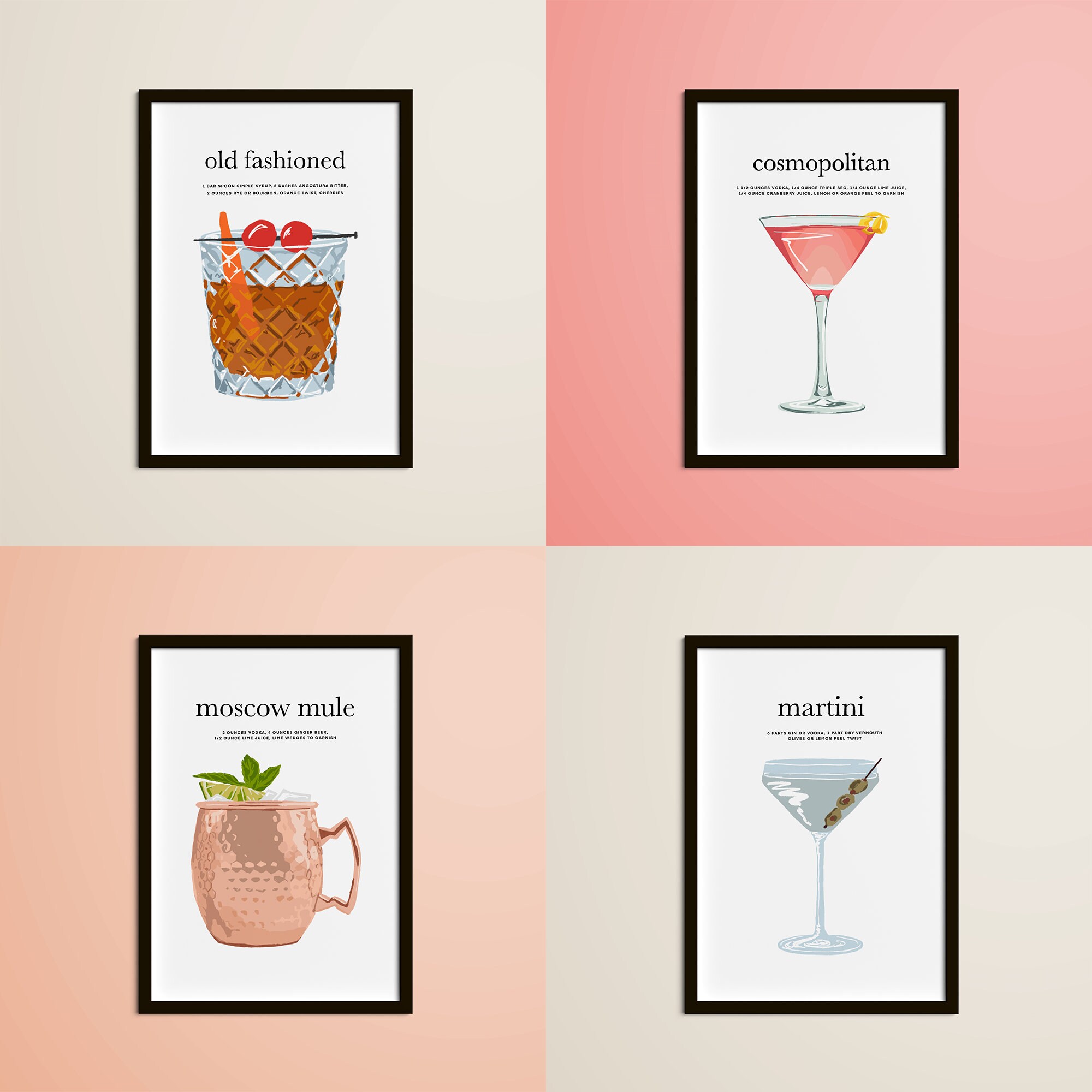 Cocktail Art Print Bundle Martini Old Fashioned Gin and - Etsy