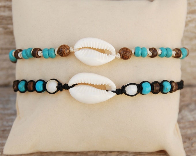Seashell Bracelet Mens Bracelet Silver Cowrie Shell Charm Blue Bracelet ...