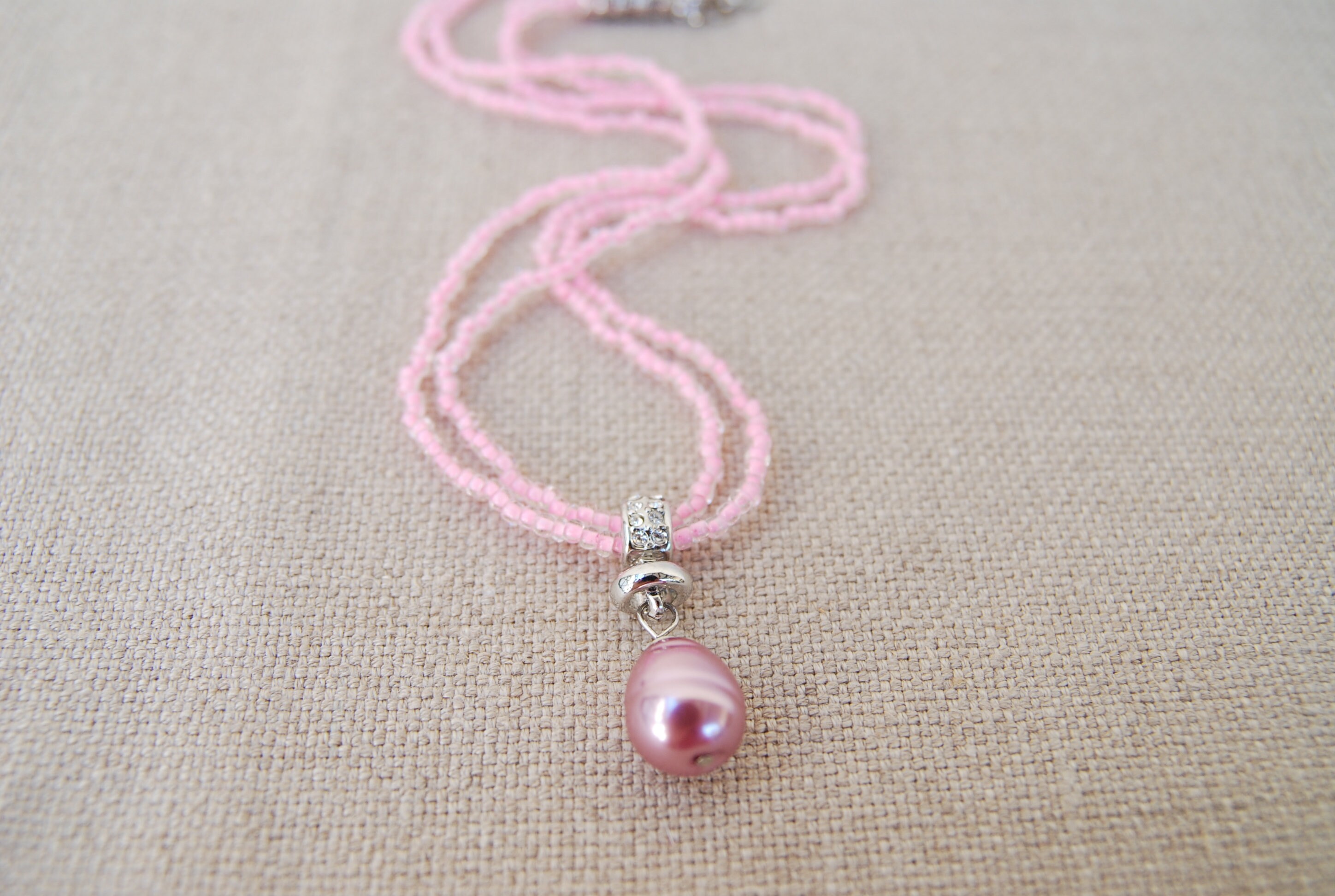 Multi Strand Pink Seed Bead Necklace With Pink Pearl Drop Pendant, Two ...