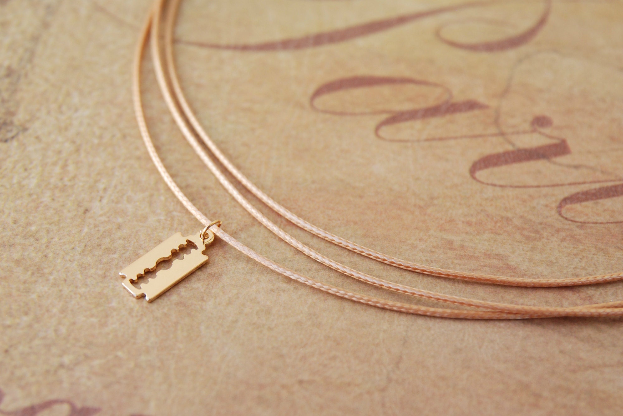 Gold Razor Charm Choker, Layered Cord Necklace With Tiny Razor Blade ...