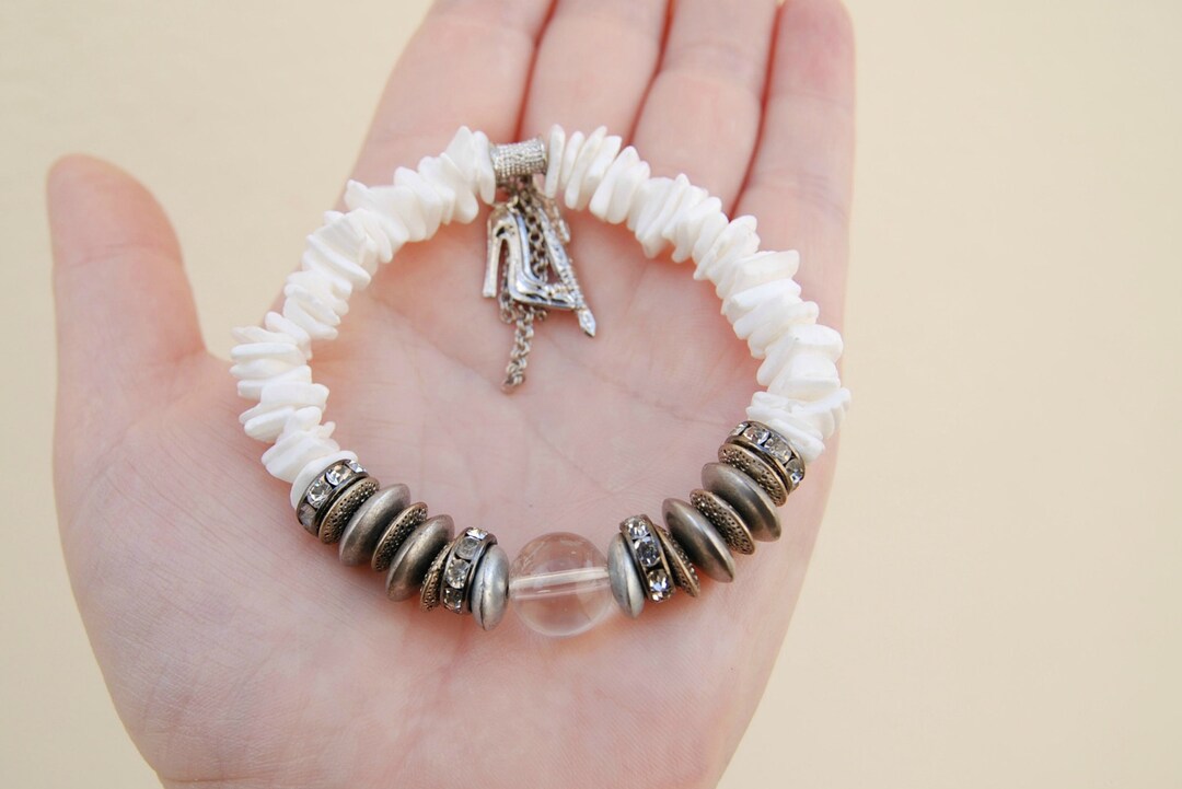 White Puka Shell Bracelet: Boho Charm, Swarovski Crystal Rondels - Etsy