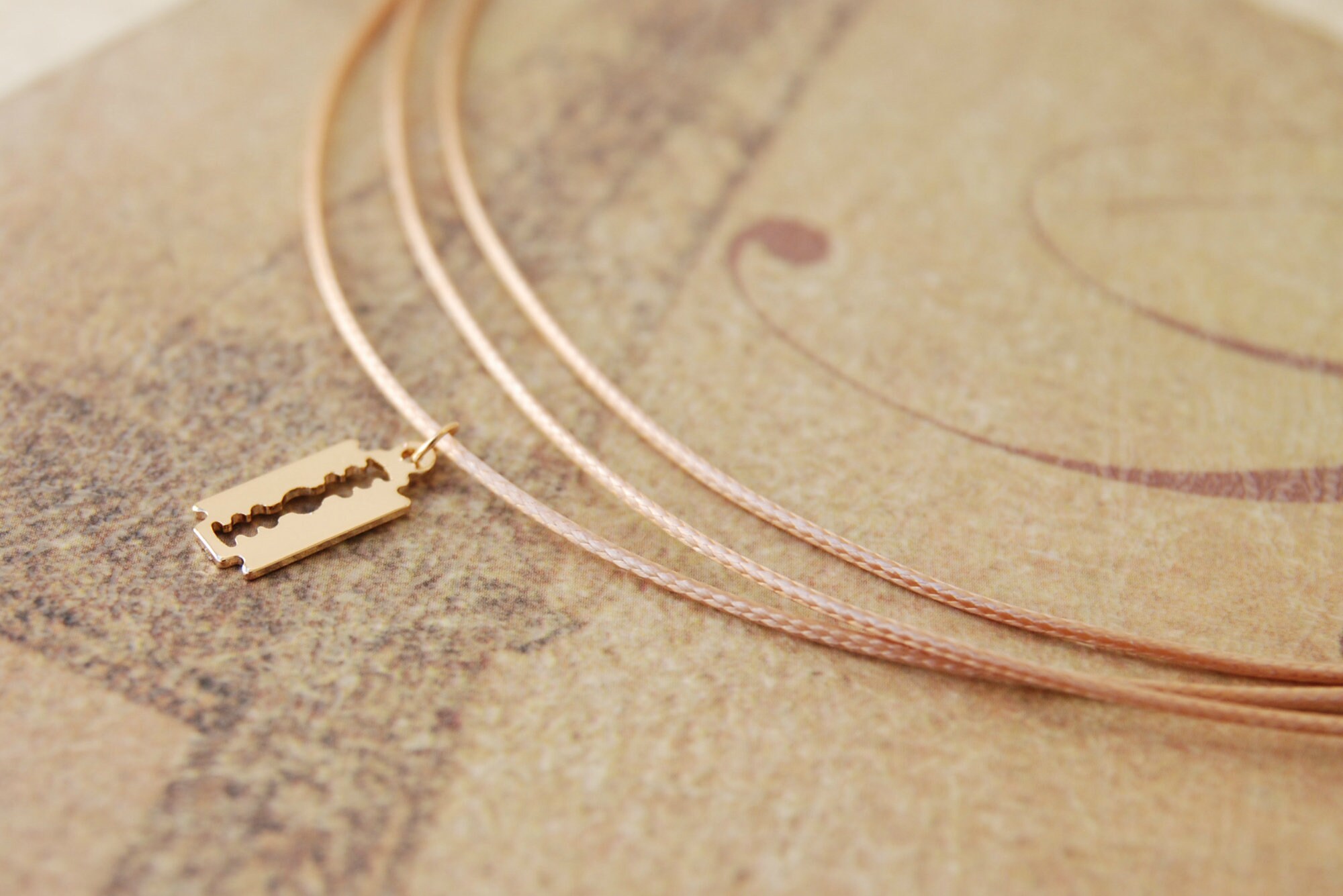 Gold Razor Charm Choker, Layered Cord Necklace With Tiny Razor Blade ...