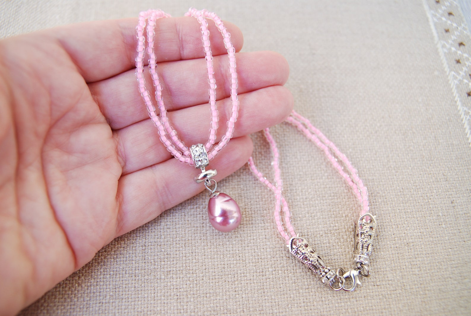 Multi Strand Pink Seed Bead Necklace With Pink Pearl Drop Pendant, Two ...
