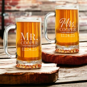 Set of 2 Etched Mr & Mrs Beer Mugs, Personalized Wedding Gift for Him ...