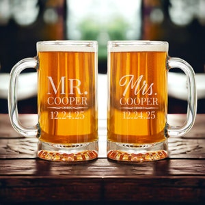 Set of 2 Etched Mr & Mrs Beer Mugs, Personalized Wedding Gift for Him ...