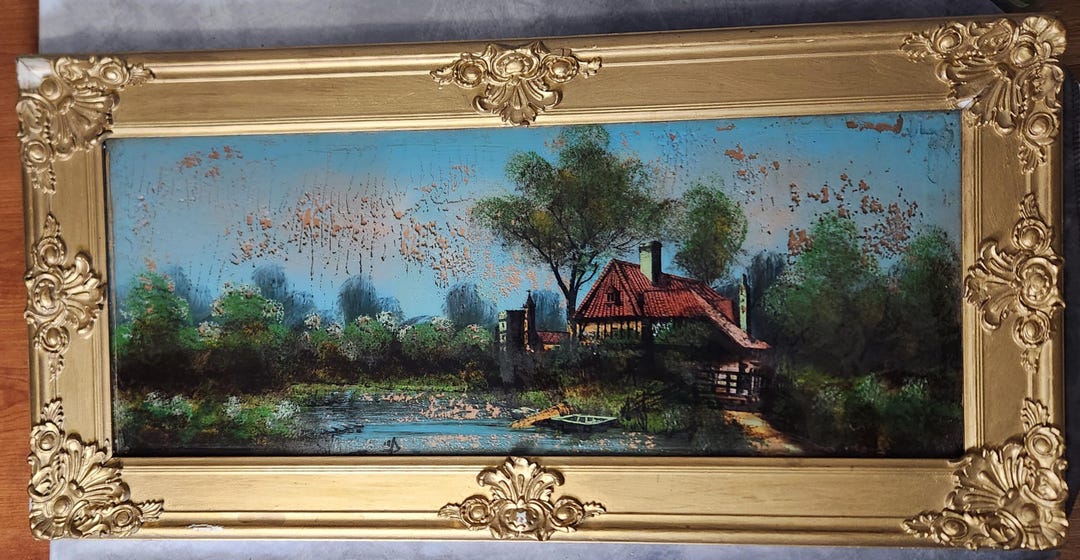 Antique Reverse Painted Glass Water and Landscape - 36