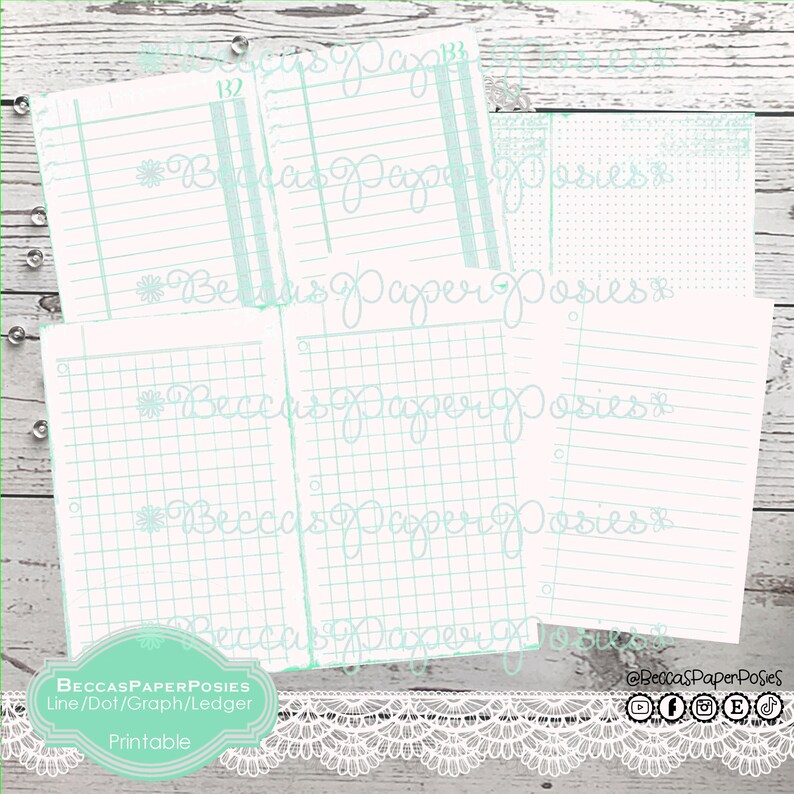 Mint Junk Journal Printable Page Refills With Line, Graph, Dots and ...