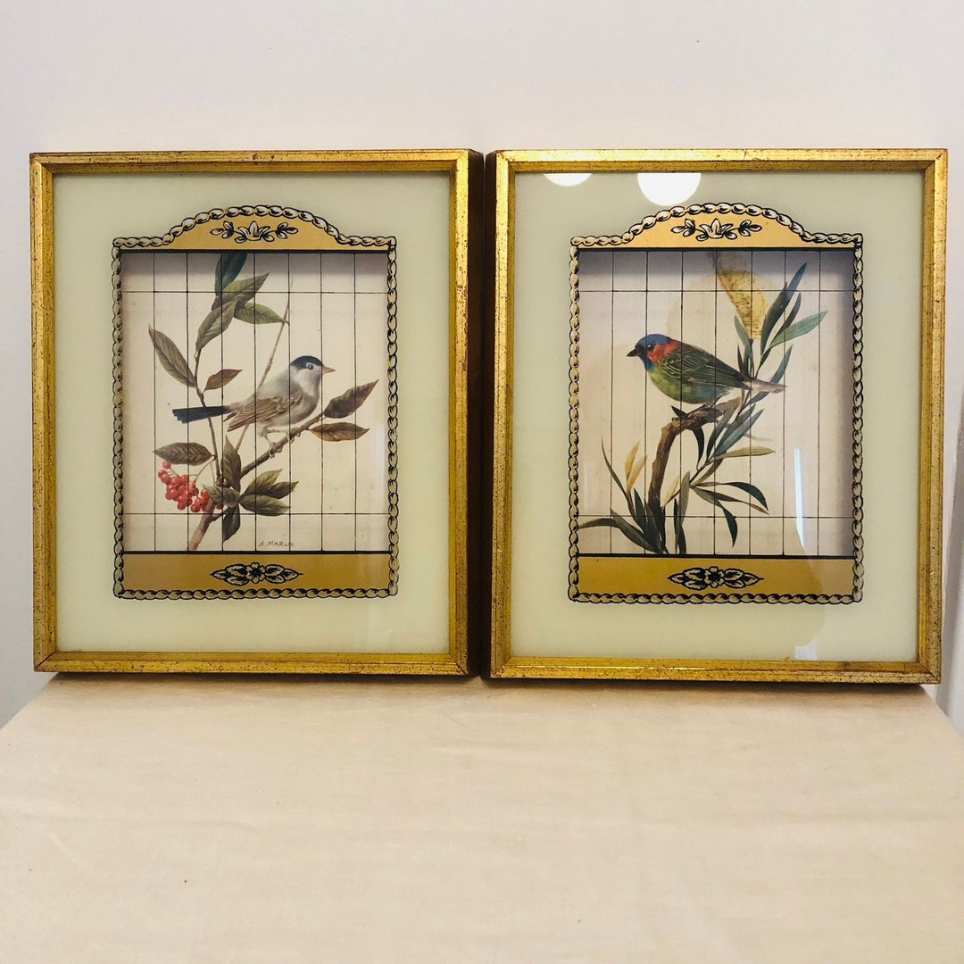 Pair of Shadow Box Bird Prints With Eglomise Design on Glass - Etsy