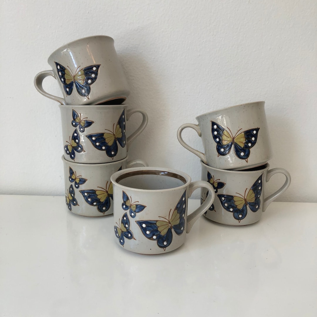 Set of 6 Stoneware Butterfly Mugs - Etsy