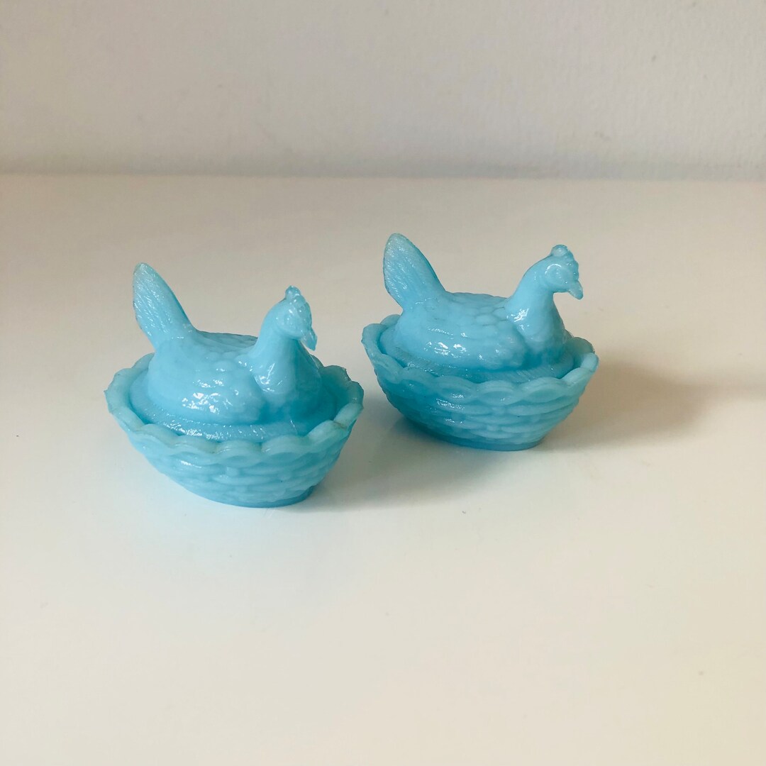 Set of 2 Aqua Blue Pressed Glass Mini Hens on Nest - Etsy