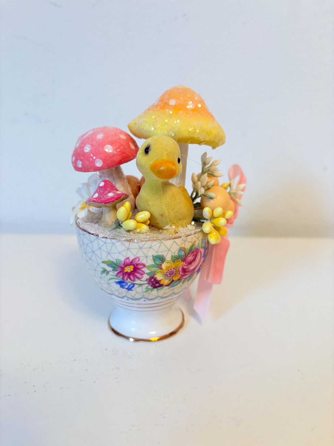 Vintage Spring Easter Teacup Decoration With Vintage Flocked Chick and ...