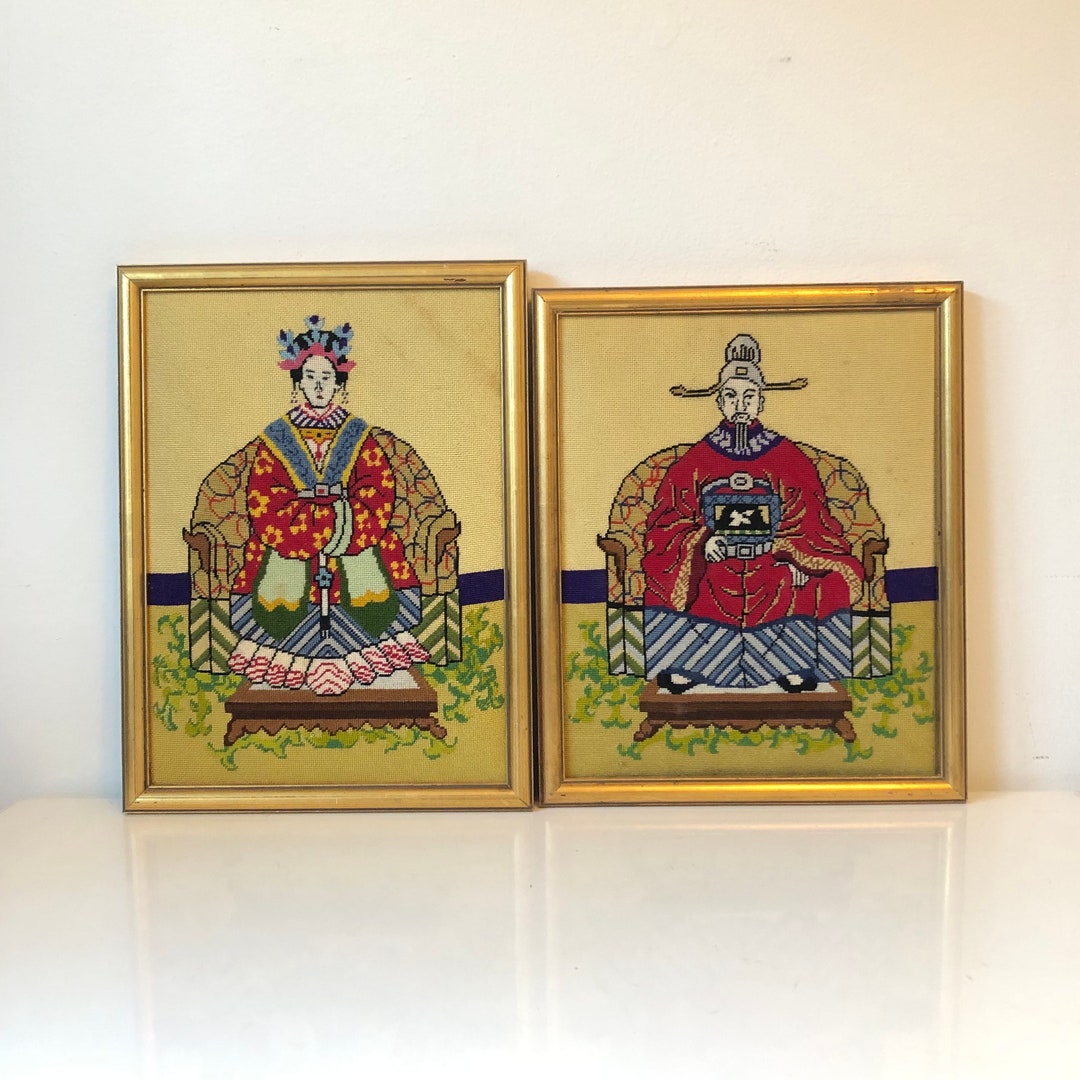 Vintage Pair of Framed Needlepoint Chinese Ancestral Emperor and ...