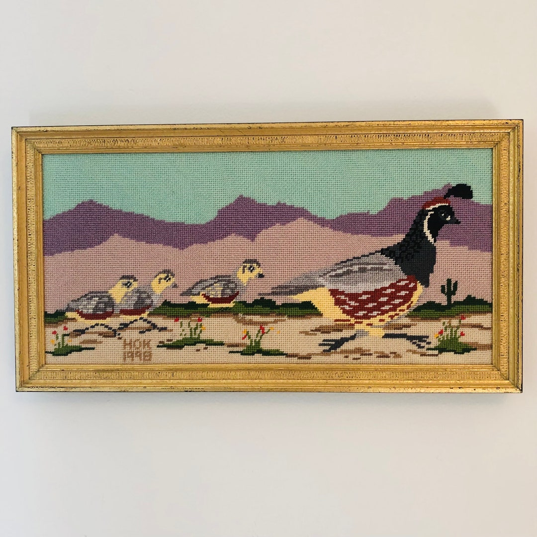 Vintage Quail Family Gold Framed Needlepoint - Etsy