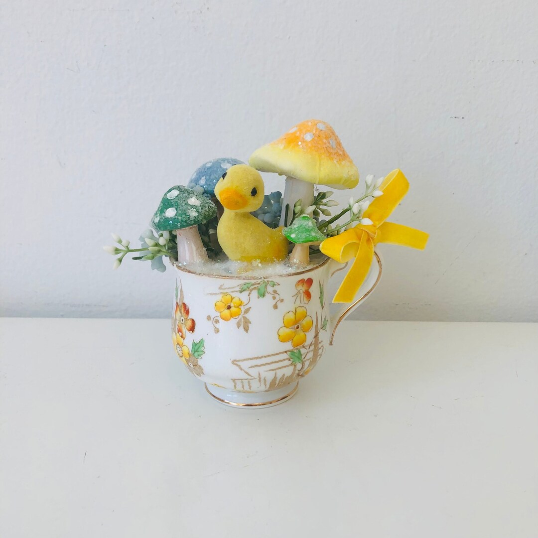 Vintage Spring Easter Teacup Decoration With Vintage Flocked Chick and ...