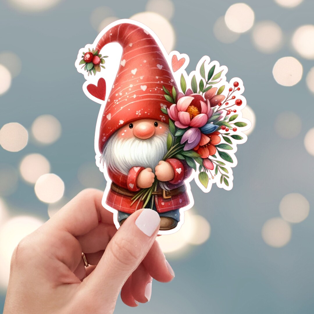 Garden Gnome Sticker, Gnome With Flowers Large Sticker, Love Gnome ...