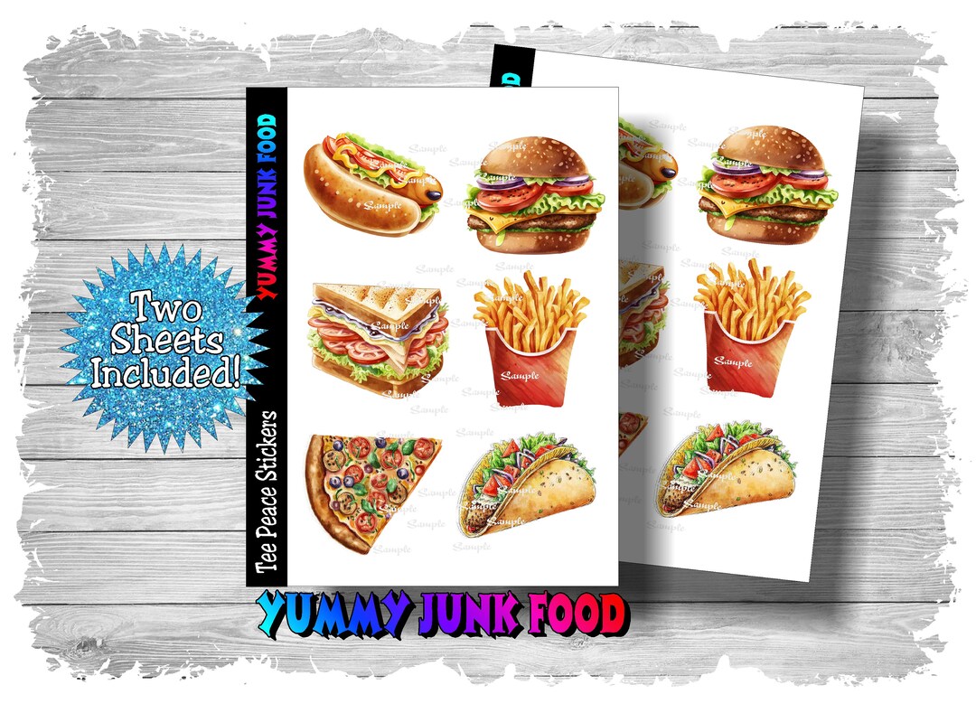 Junk Food Sticker Sheets, 2 Sheet Bundle, Taco Stickers, Pizza Sticker ...